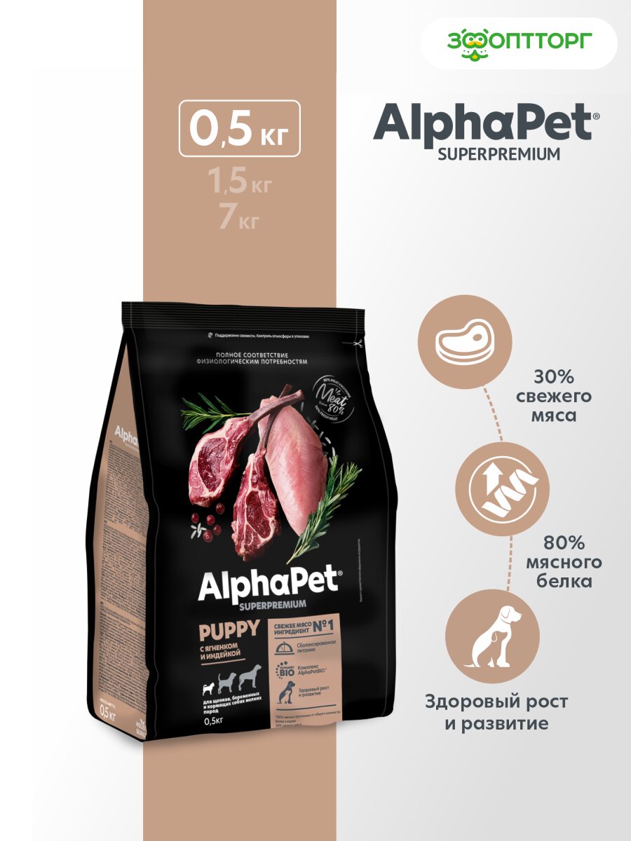 Сухой корм AlphaPet Superpremium для щенков, беременных и кормящих собак мелких пород Ягненок и индейка, 500 г.