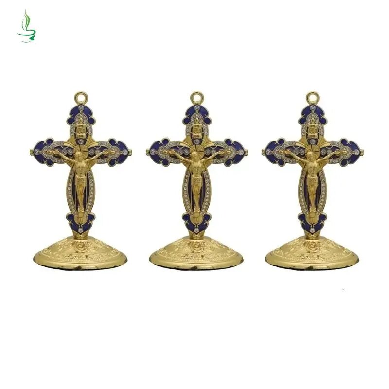 Христианский крест из металла с подставкой, Синий, декоративный