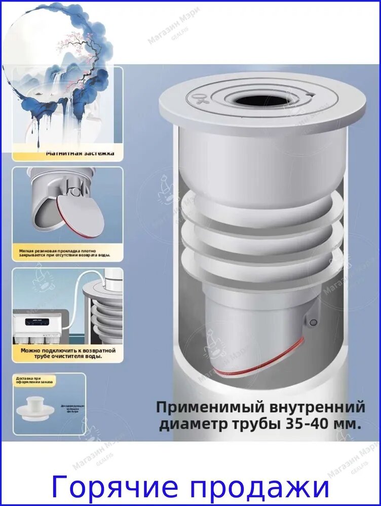 Клапан обратный для канализации, антифлуидный с магнитной защитой от запаха, труб 35-75 мм, ванной и кухни