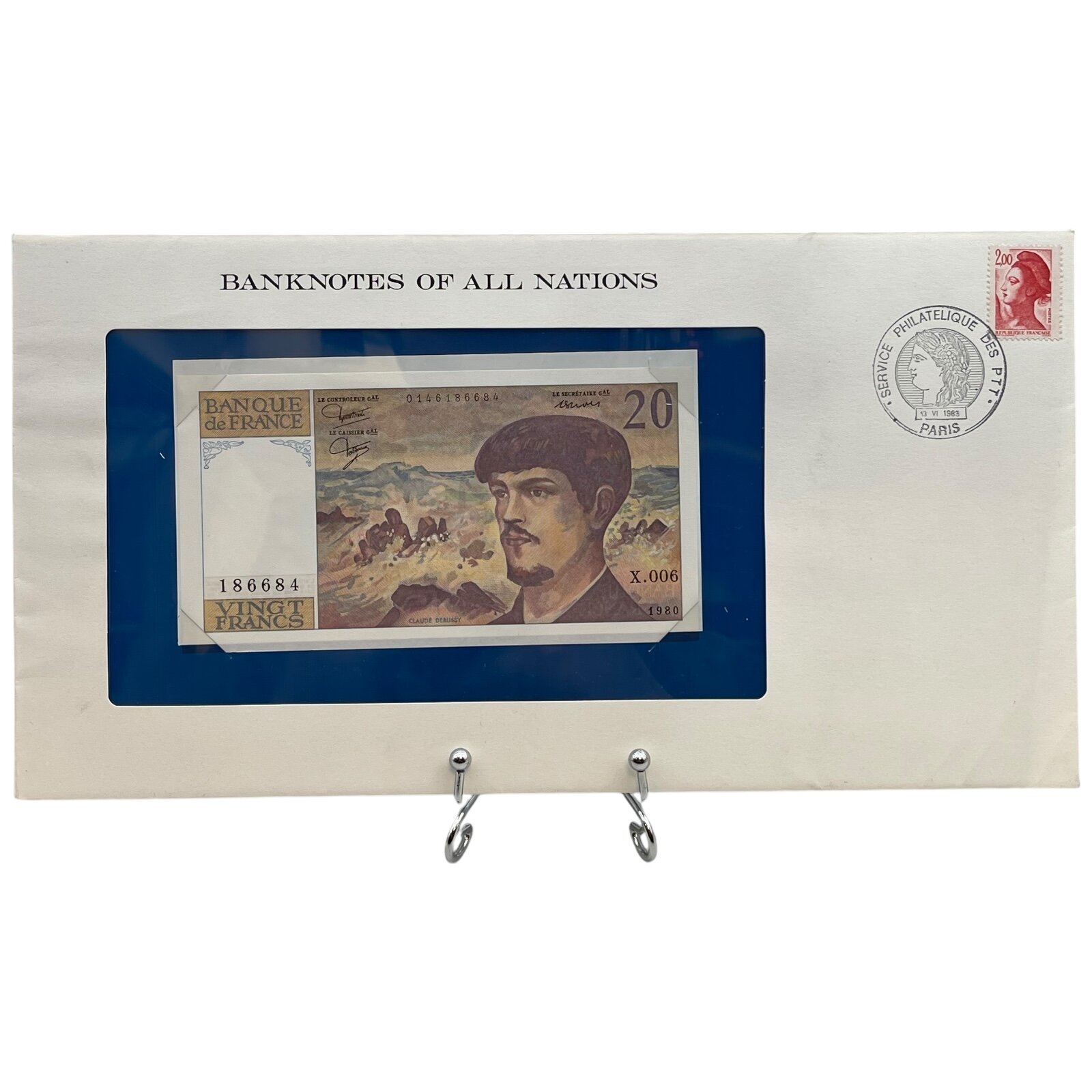 Франция, подарочный набор почтовая марка и банкнота 20 франков 1980 г. (Banknotes of all Nations)