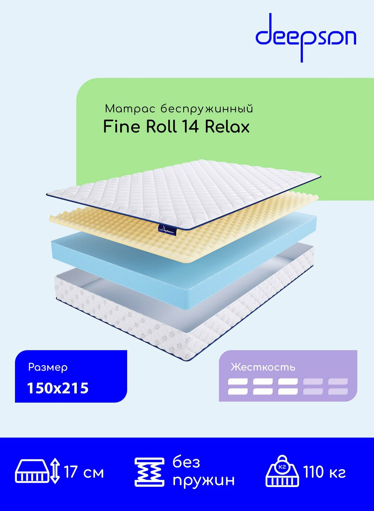 Матрас 150x215 ортопедический беспружинный Deepson Fine Roll 14 Relax
