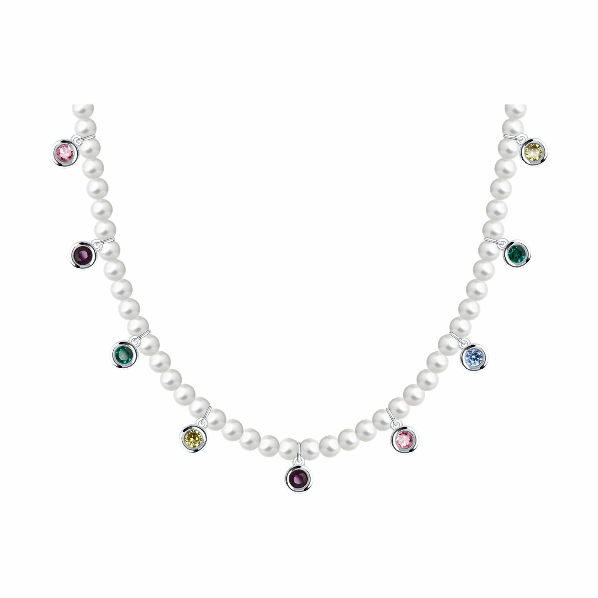 Колье, серебро, 925 проба, родирование, жемчуг, фианит