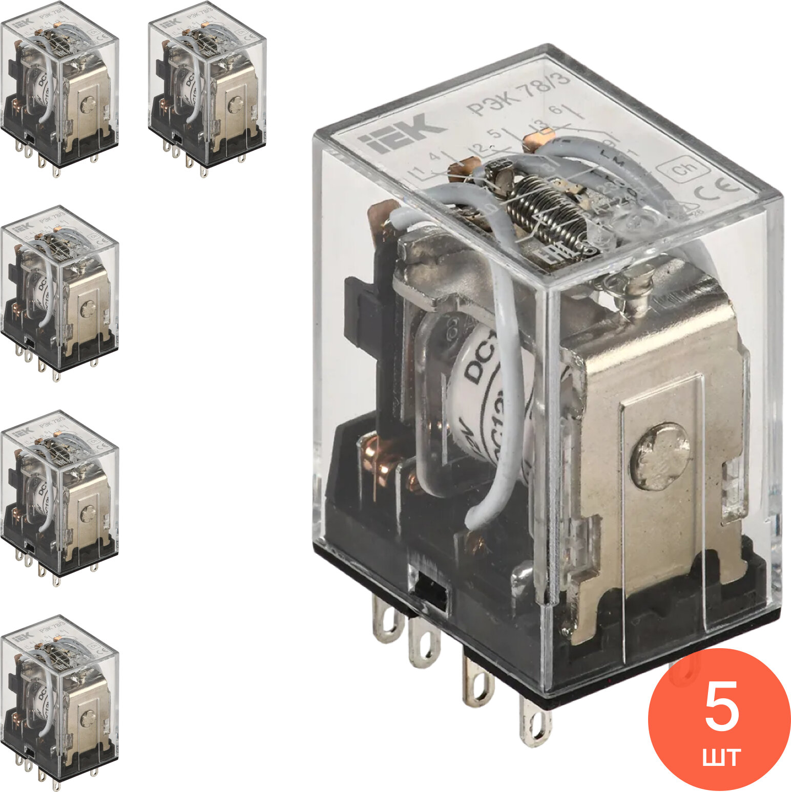 Реле промежуточное IEK / ИЭК РЭК 78/3, серебросодержащие контакты, 20.5x42x27мм, 5А 12В DC, RRP20-3-05-012D / электрика (комплект из 5 шт)