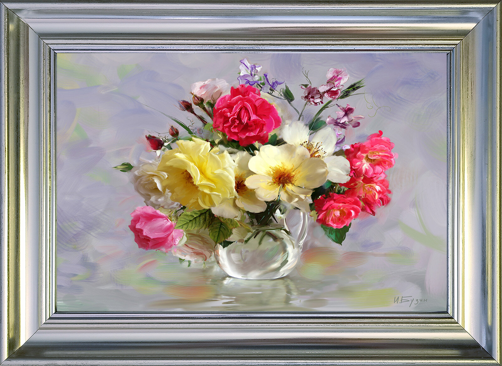 Картина "Розы в кувшинчике", 30х20 см, художник - Бузин И. Арт. БИ5-30х20