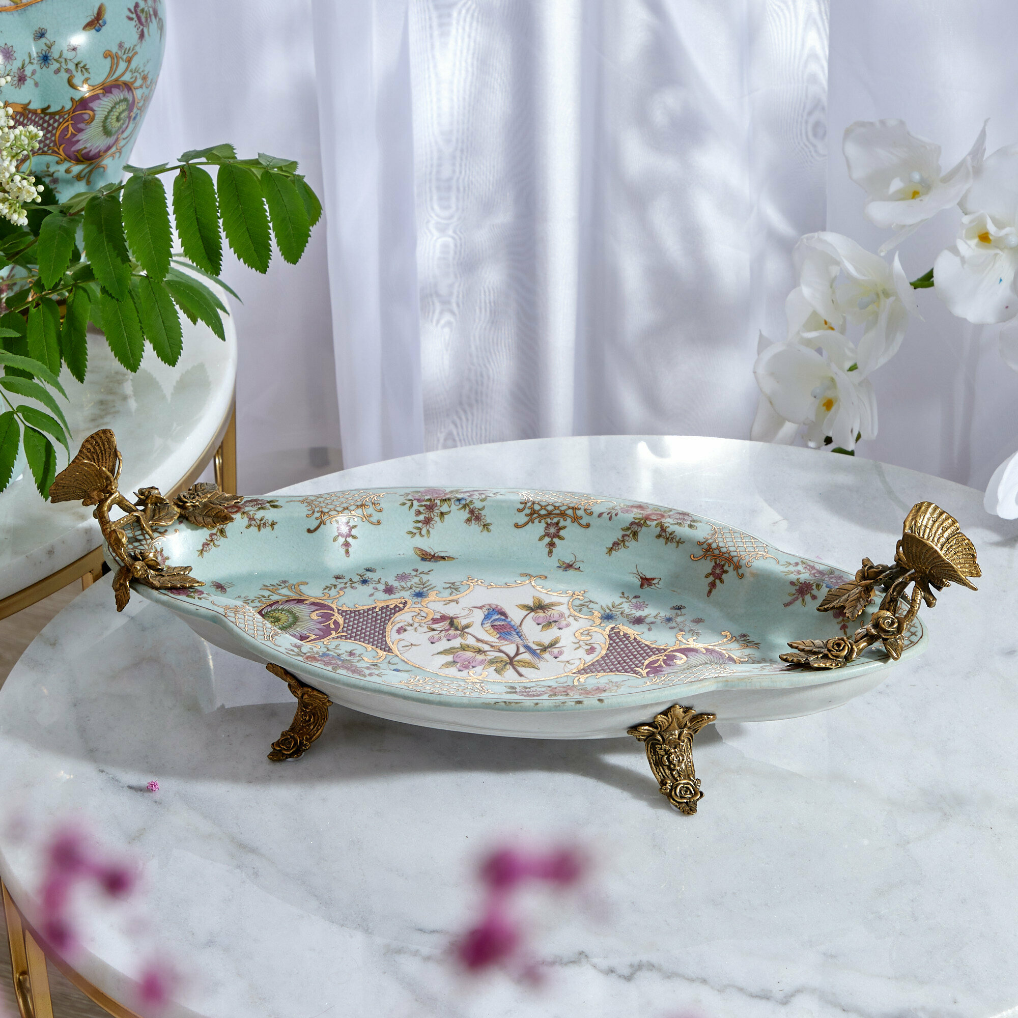 HC008C/LG3042K Блюдо с бабочками 43х21х12см, Фарфор, бронза, зеленый, Glasar