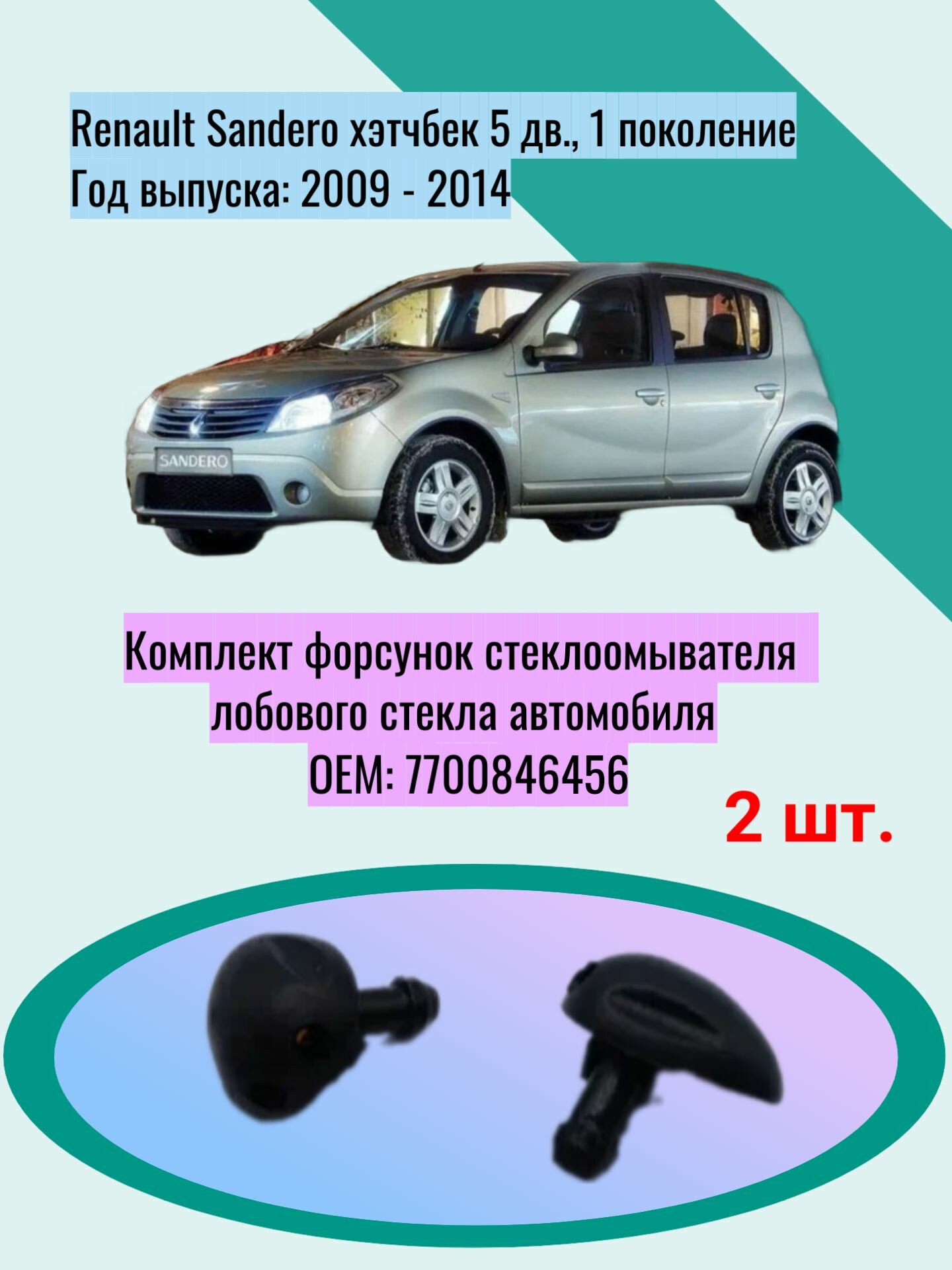 Комплект форсунок стеклоомывателя лобового стекла автомобиля Renault Sandero хэтчбек 5 дв, 1 поколение Год выпуска: 2009 - 2014 ОЕМ: 7700846456