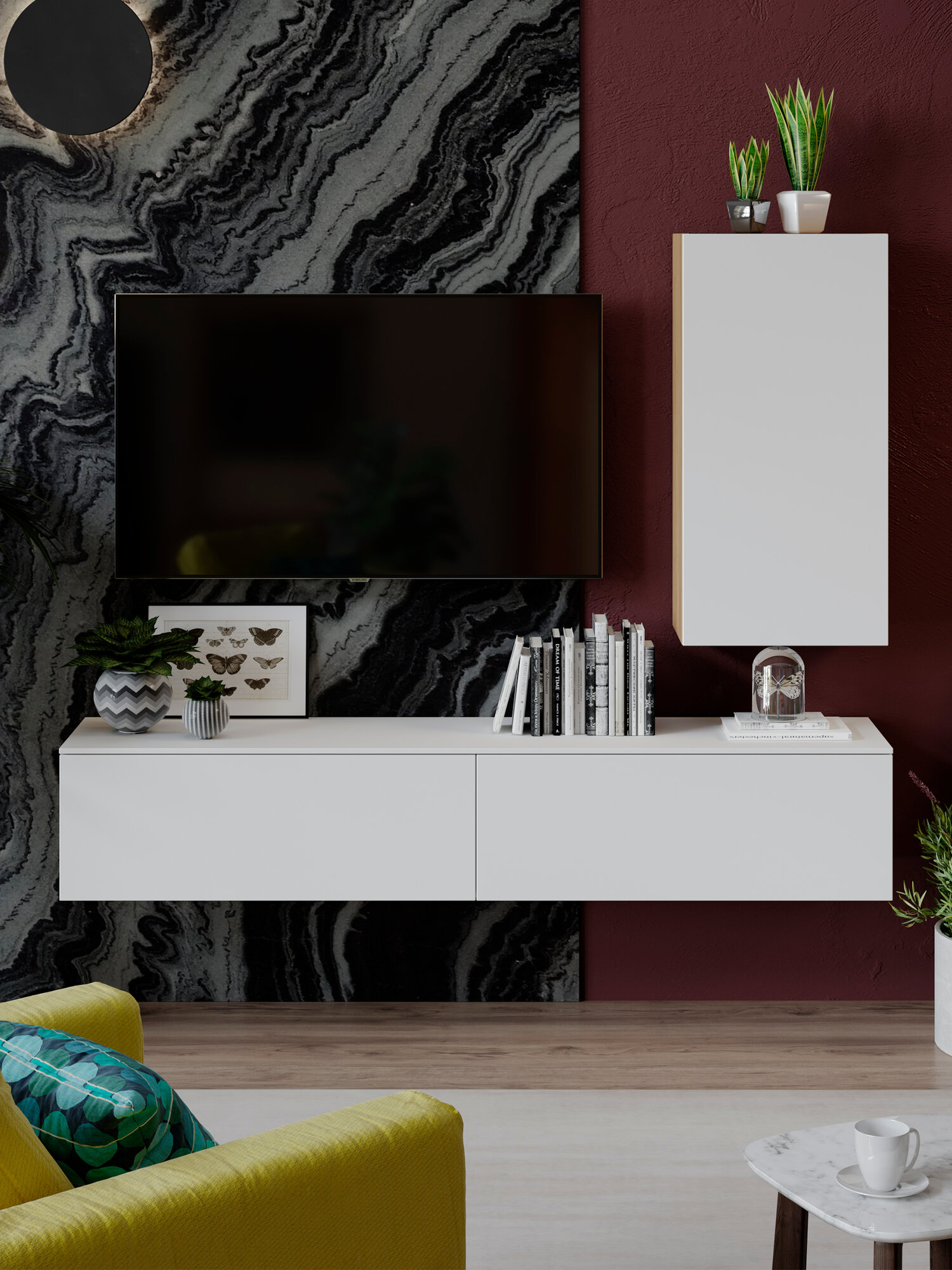 Стенка Мебель Трия "Порто №5", Яблоня Беллуно, Белый софт, ламинированная ДСП, МДФ