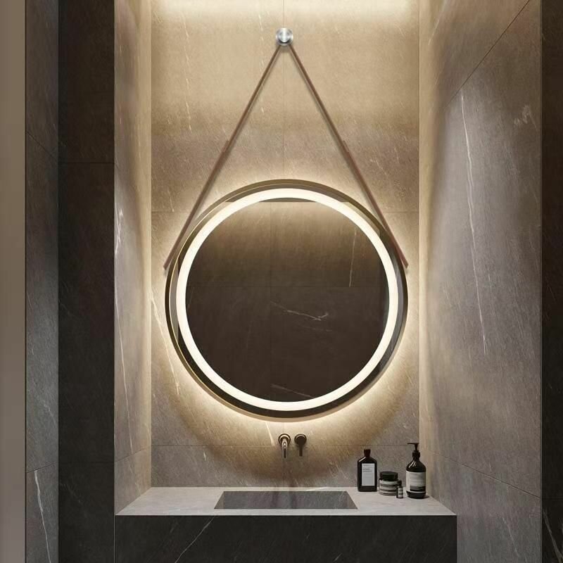 Зеркало с подсветкой в ванную комнату настенное сенсорное "Black Led" D 600 на ремне из натуральной кожи черного цветаhh