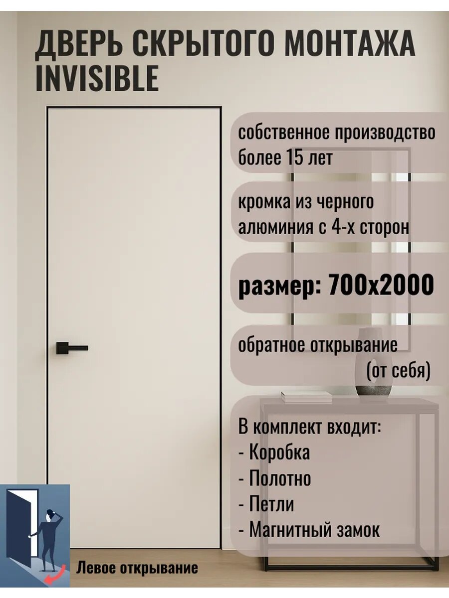 Скрытая дверь с коробкой INVISIBLE AL черный 2000x700, левое (от себя)