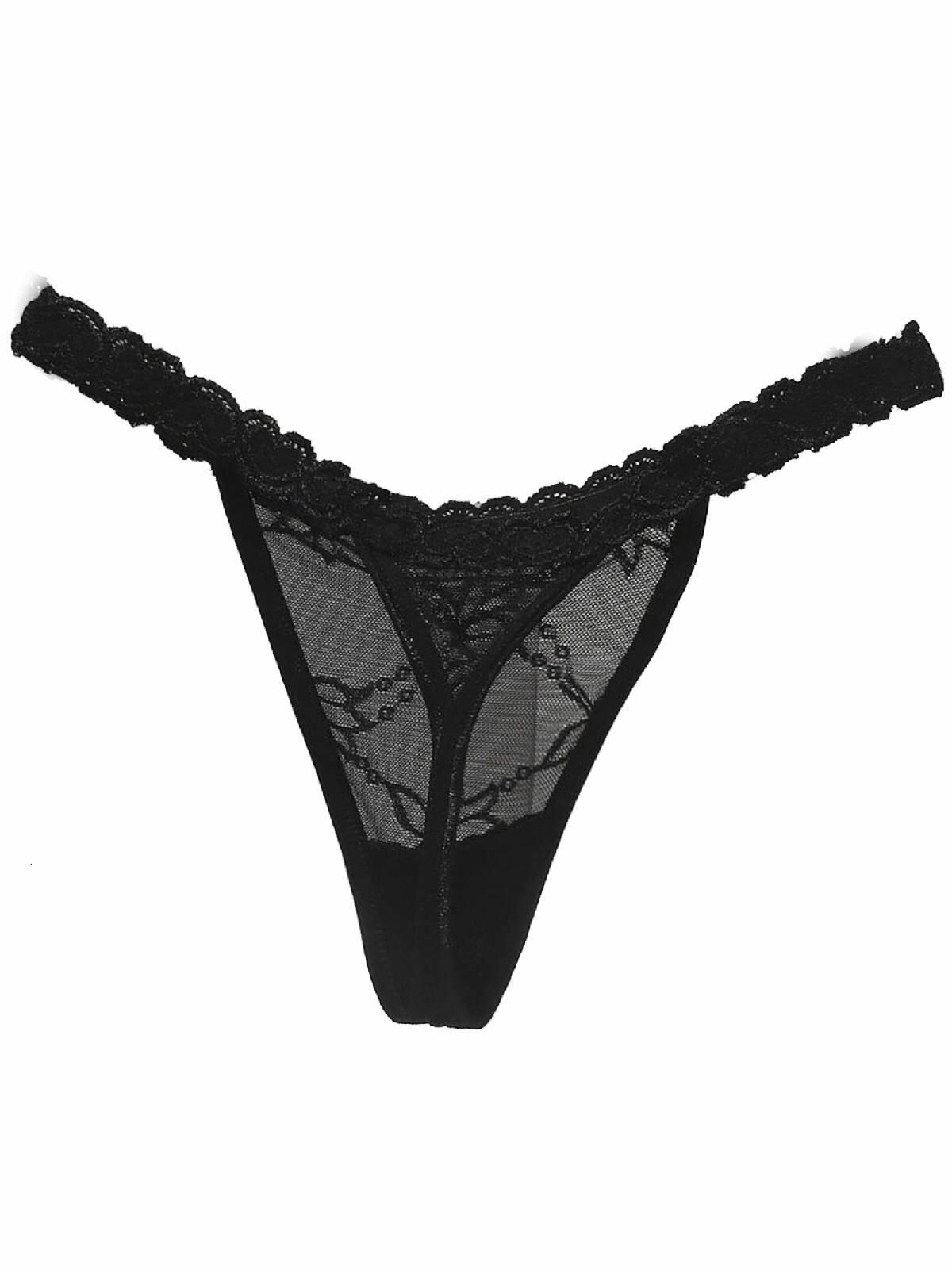 Женские стринги G-стринг с цветочным кружевом, Черный - XL