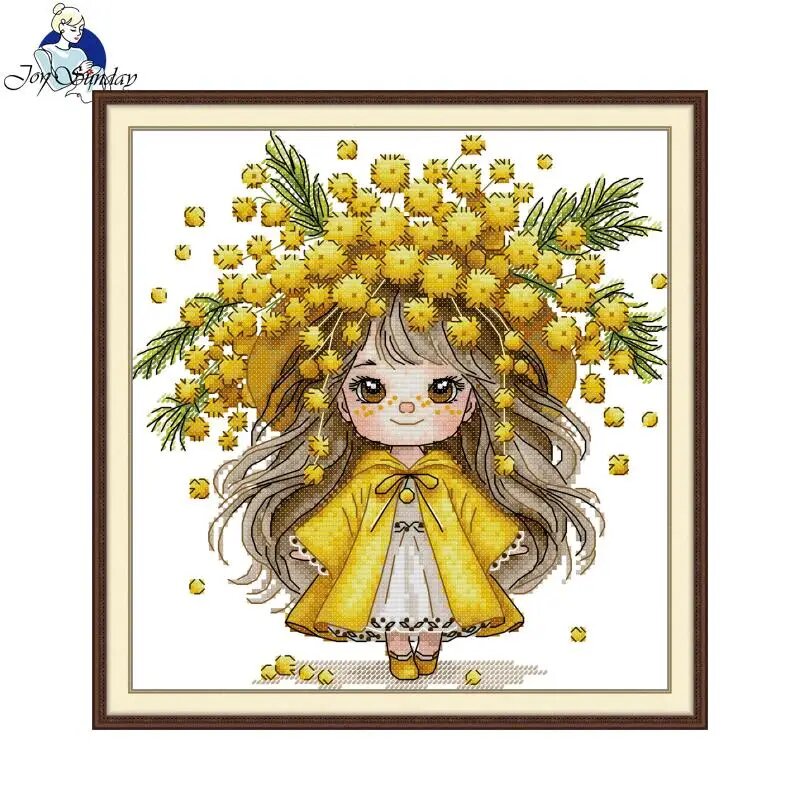Набор для вышивания крестом Joy Sunday, девочка с цветами, 11CT, Желтый