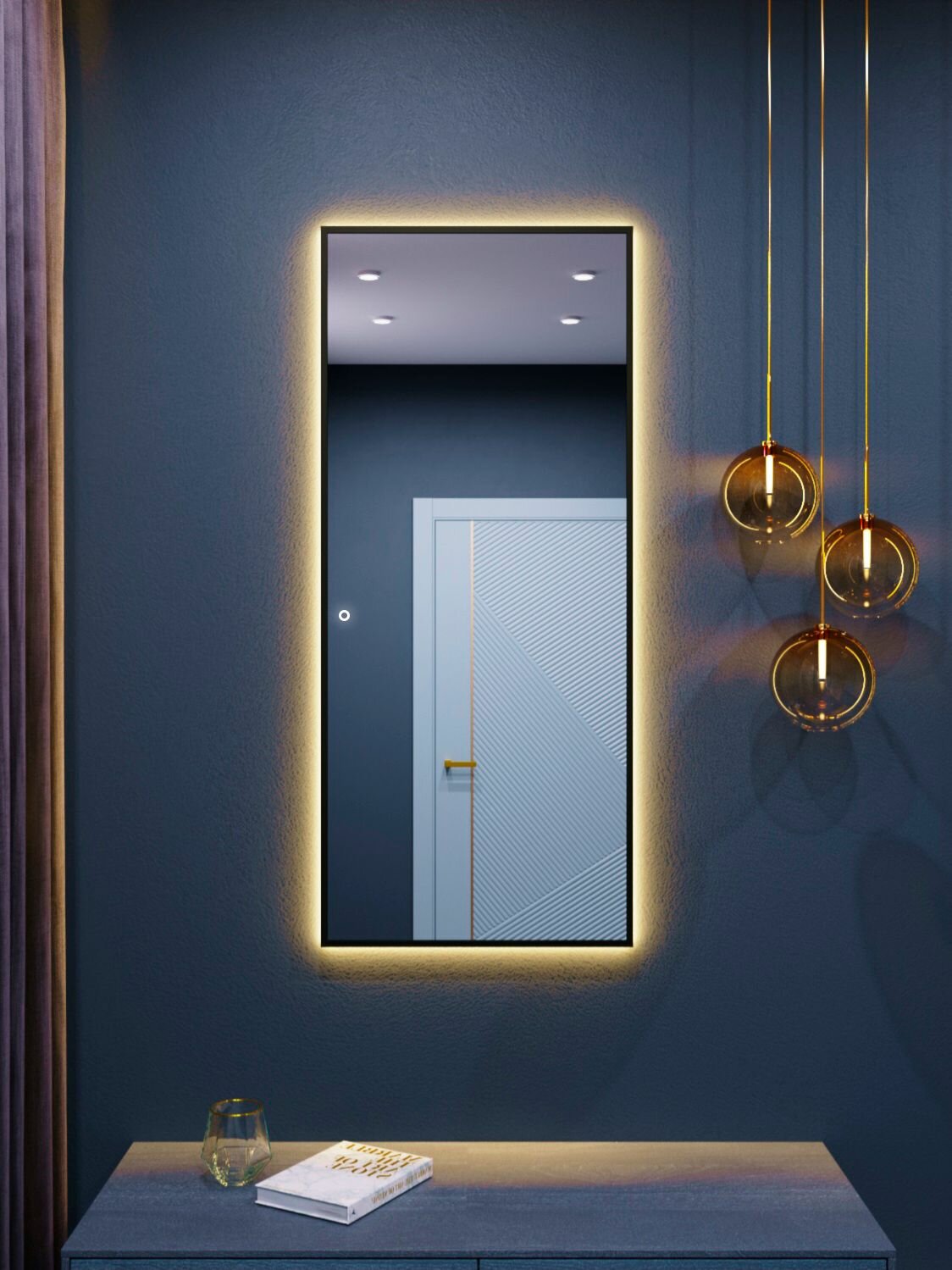 Зеркало настенное 120х40 см. ONE MARKET с подсветкой в ванную сенсорное в алюминиевой раме, Черное