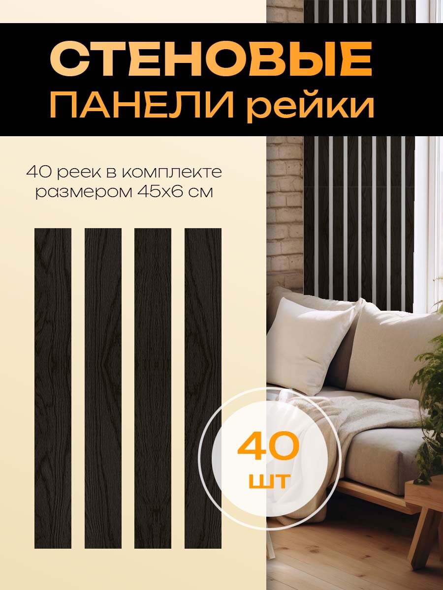 Стеновые панели рейки для отделки 45см х 6см х 3мм графит 40 штук