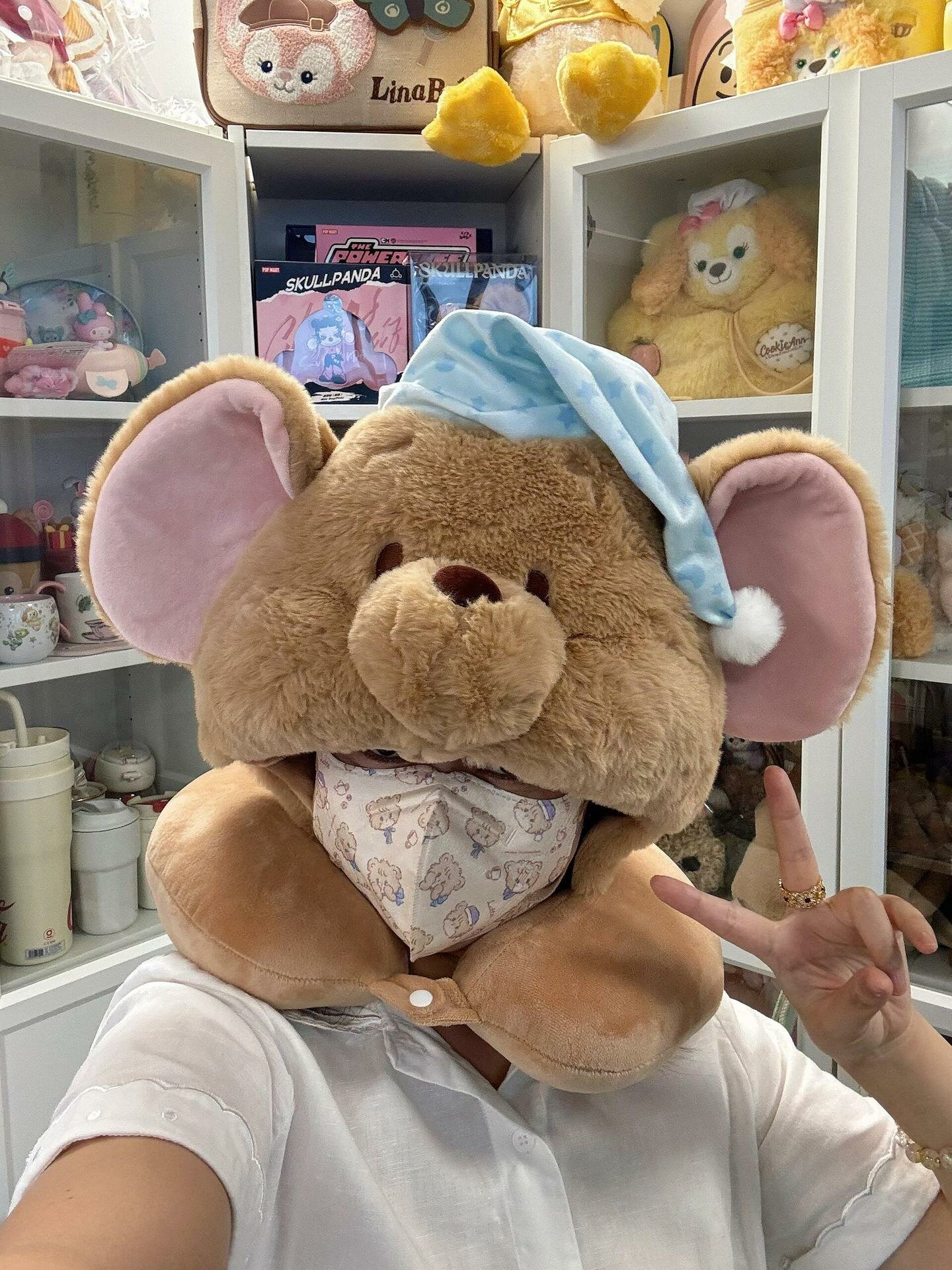 Новая милая плюшевая шапка с мультяшным дизайном для женщин, зимняя шапка с подвижными ушками, теплая, модная, с капюшоном и U-образной подушкой