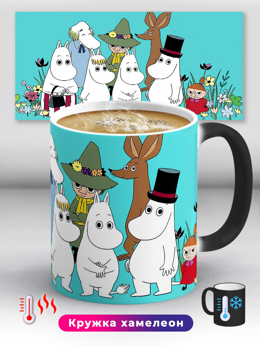 Кружка хамелеон Муми Тролли голубой 330 мл, керамическая с принтом, подходит для СВЧ, горячих и холодных напитков