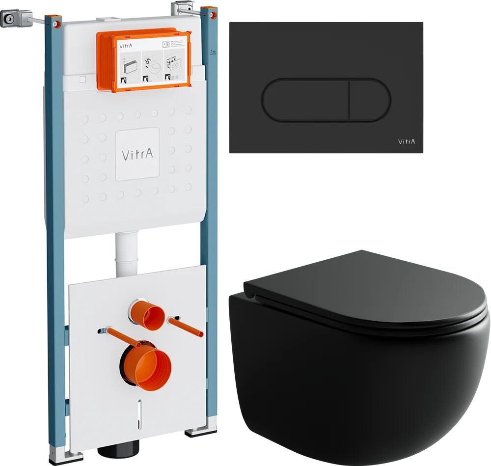 Комплект 3 в 1 Унитаз подвесной Ceramicanova UP Rimless CN4007MB, безободковый, смыв Торнадо / Инсталляция VitrA Ви-Фикс Кор (V-Fix Core) 732-5800-01PV / Кнопка Рут Раунд (Root Round) 740-2211 цвет ма