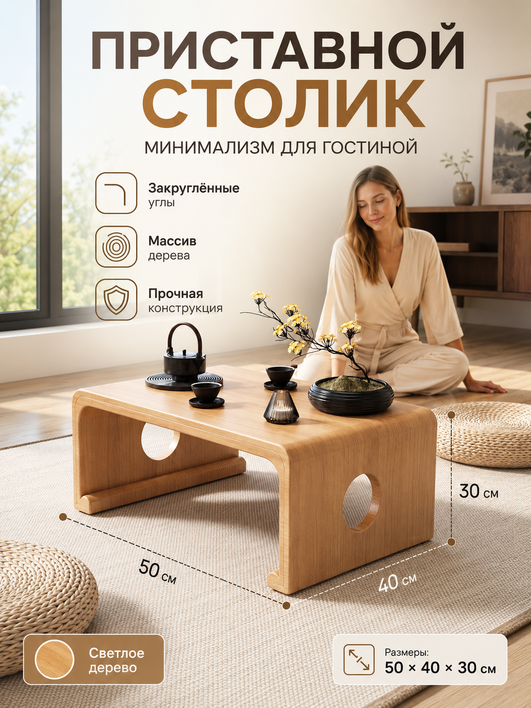 Стол из массива дерева, низкий журнальный столик в стиле минимализма в гостиной и зоне отдыха