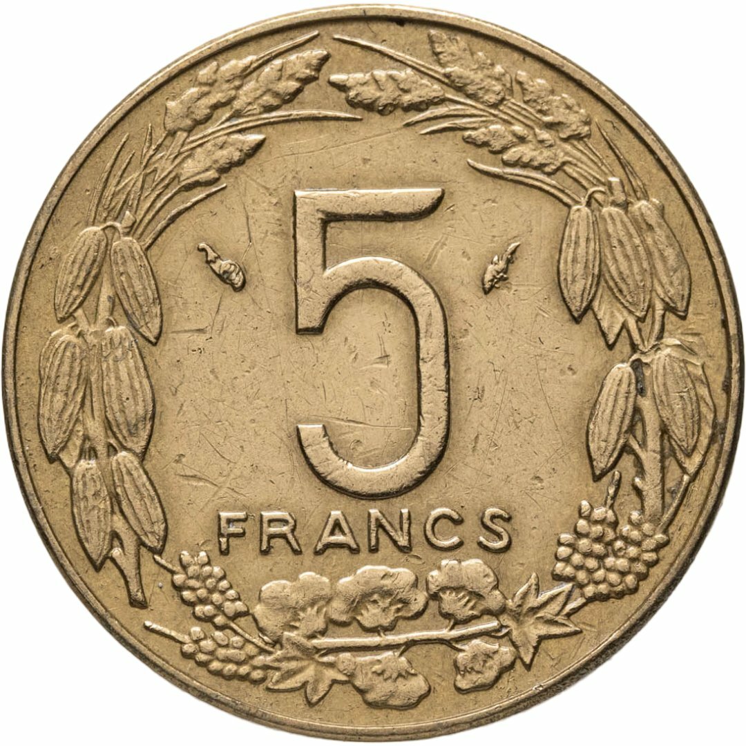 Центральная Африка BEAC 5 франков francs 1975, Медь-Алюминий-Никель, в сохранности VF-XF