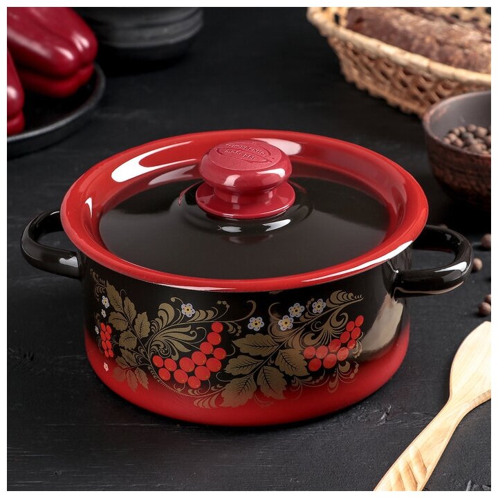 Кастрюля, 2 л, пластмассовая ручка, цвет красно-чёрный с тонированием микс