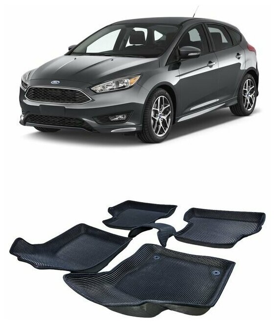 Ева коврики Ford Focus III пресс борта 2011 - 2019 / Ева ЭВА ромб / цвет Черный c черной окантовкой / EVA Smart / коврики в салон автомобиля Форд