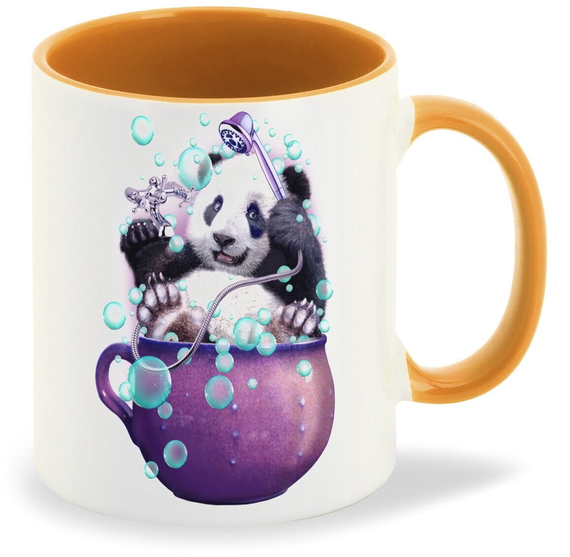Кружка оранжевый CoolPodarok Панда в кружке с душем пузыри