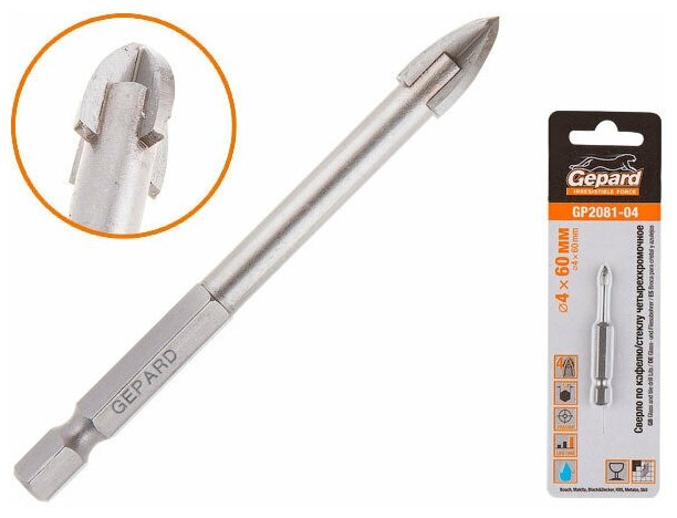 Сверло по кафелю и стеклу GEPARD (GP2081-04) твердосплавное копьевидное 4х60 мм