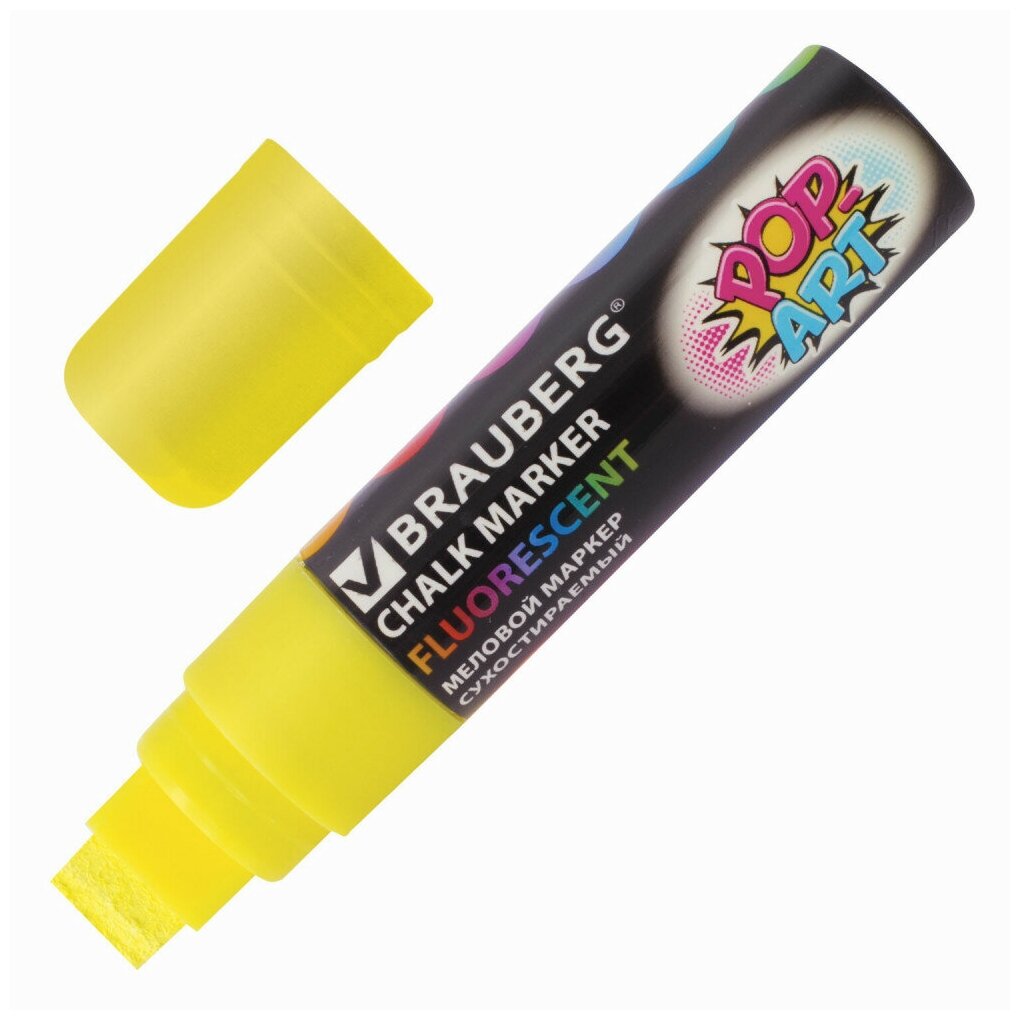 Маркер меловой "POP-ART" желтый, 15 мм, стираемый, для гладких поверхностей, BRAUBERG, 151538, 1 шт