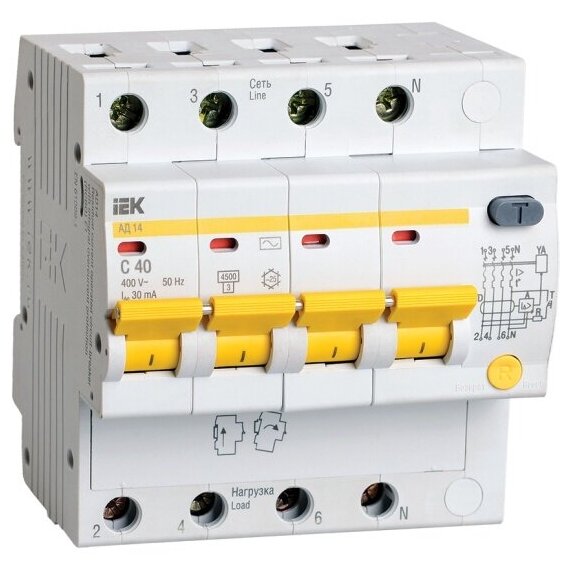 Дифференциальный автомат Iek АД14 4Р 40А 30мА, MAD10-4-040-C-030