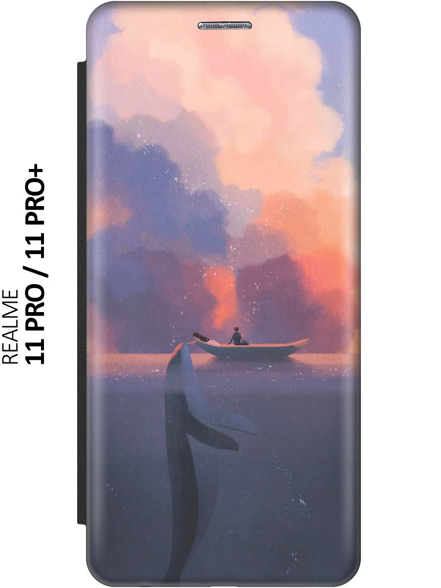 Чехол-книжка Кит и облака на Realme 11 Pro / 11 Pro+ / Рилми 11 Про / 11 Про + черный