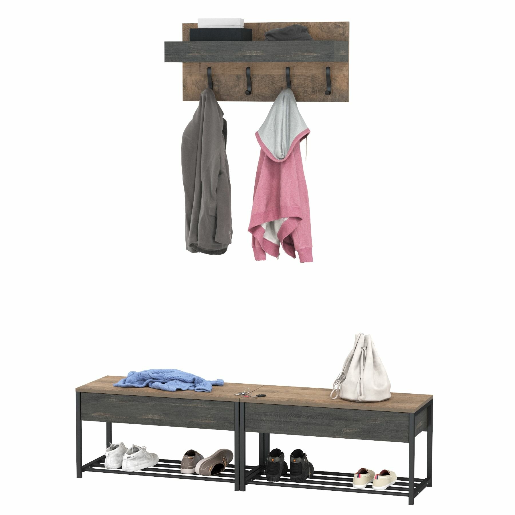 Две обувницы с сиденьем и вешалка Трувор, дуб гранж песочный/интра, 160х36,6х195 см, ун. сб