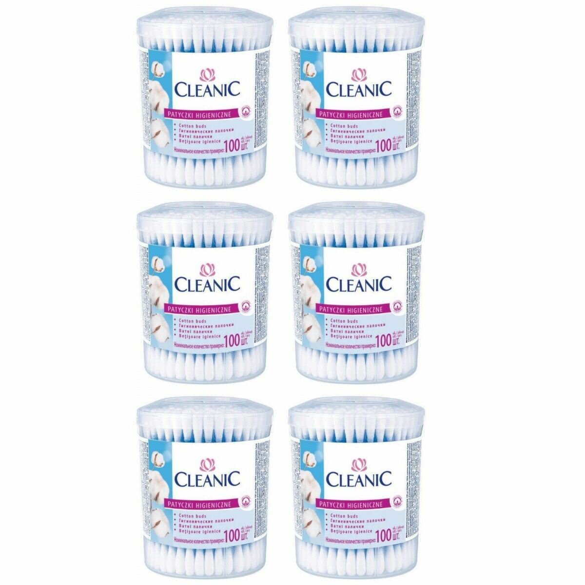Cleanic Ватные палочки гигиенические в круглой коробке, 100 шт, 6 уп.
