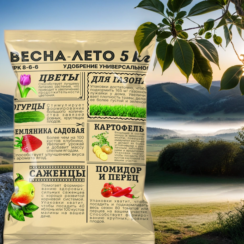Универсальное удобрение весна для цветов, газона, клубники, огурцов, помидоров, саженцев 5кг / 1шт .