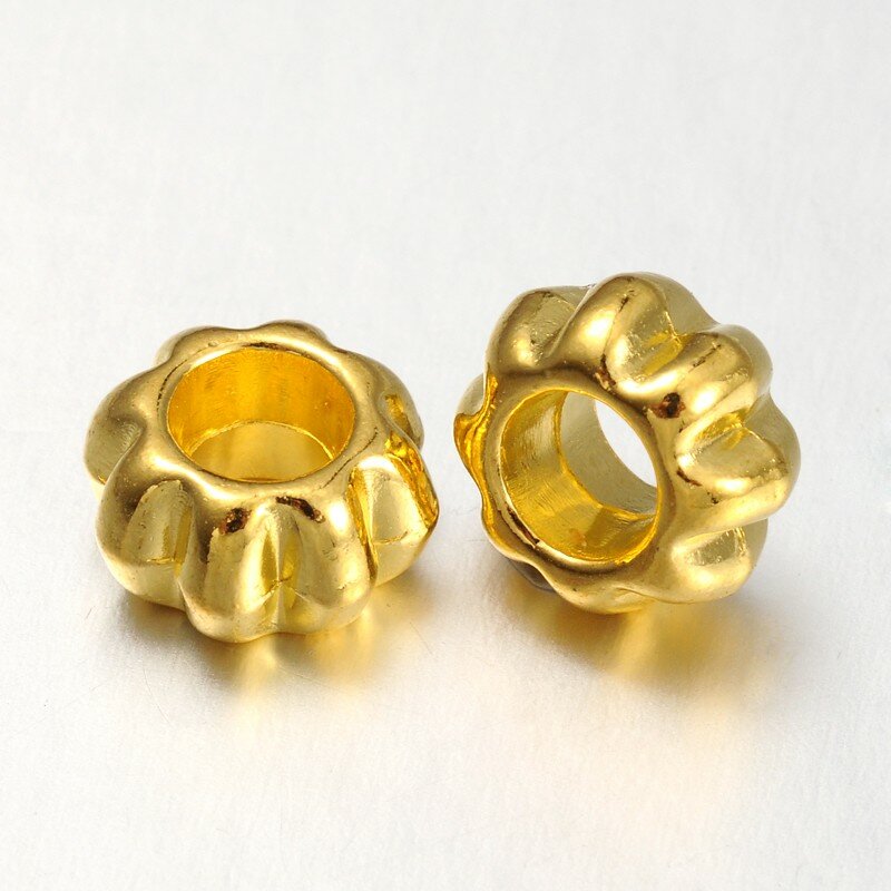 Бусина металлическая, 12х6.5мм, рондель с бороздками, базовый материал - цинковый сплав, золотистая, 10 шт.