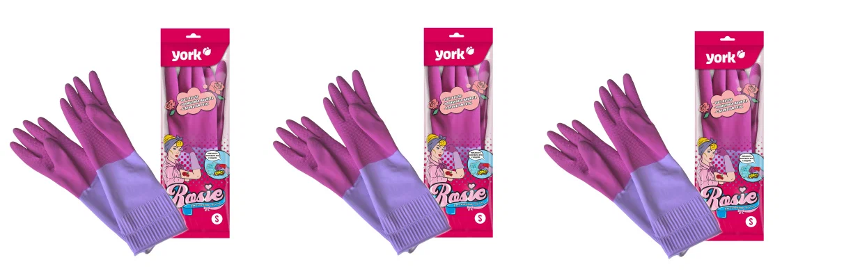 Перчатки резиновые York с удлинённой манжетой ароматизированные Рози (S) NEW, 3шт