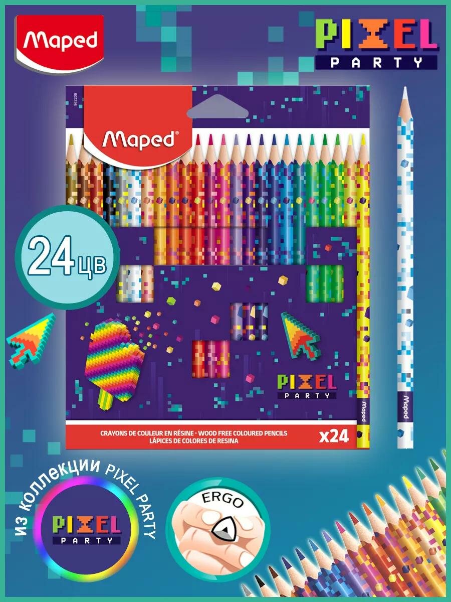 Карандаши цветные Maped Пластиковые, 24 шт, "Piхel Party", трехгранные (862206)