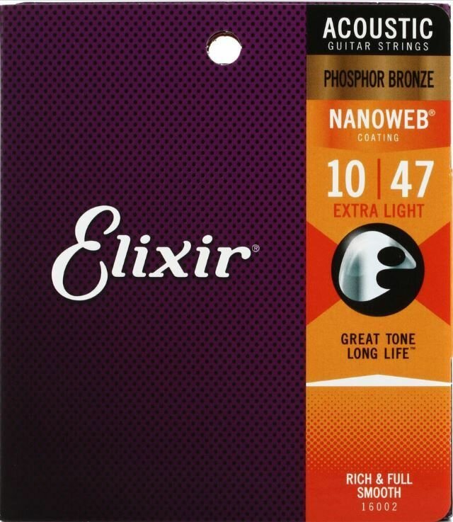 Струны 16002 для акустической гитары Elixir 10-47 Nanoweb