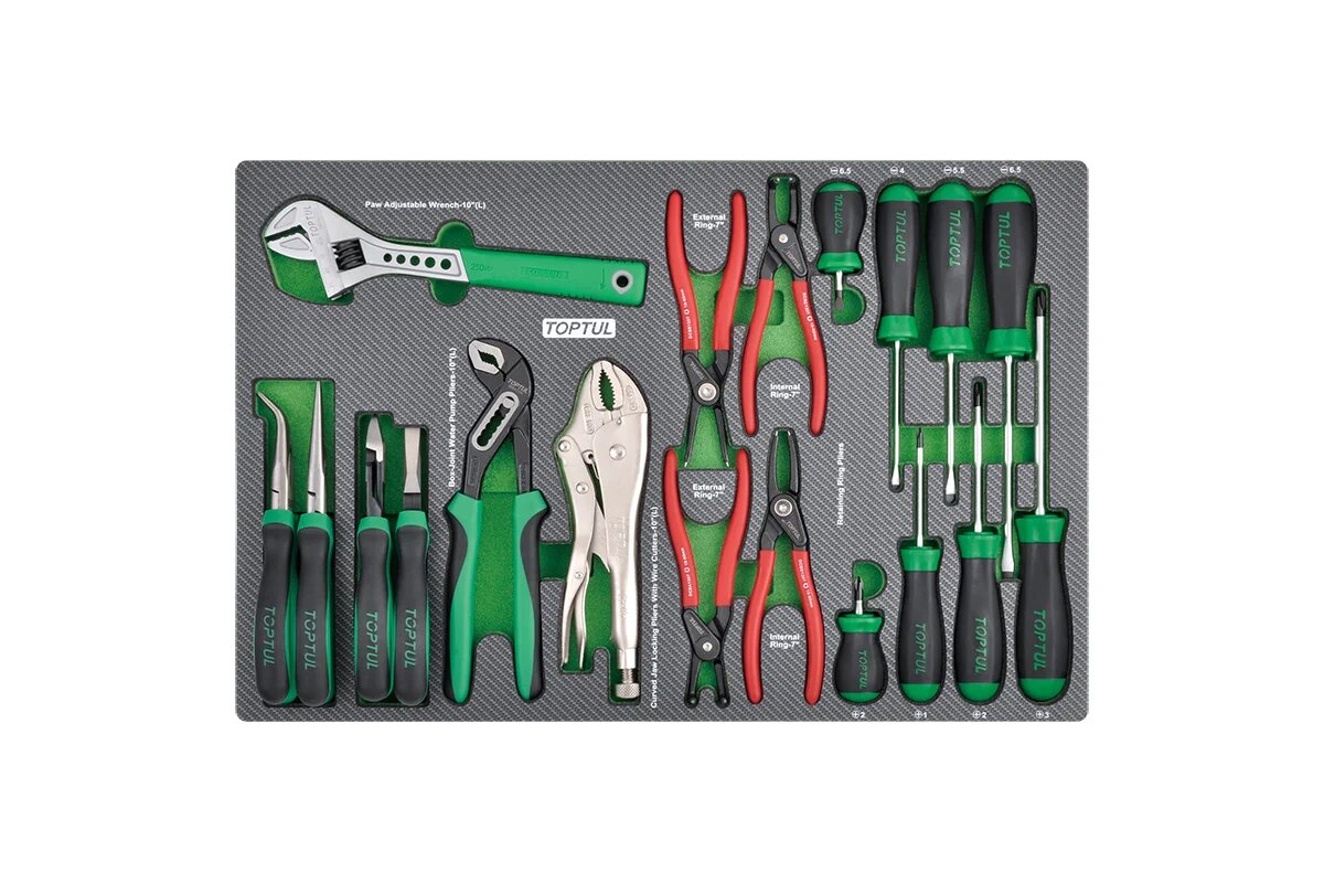 Набор губцевого инструмента и отверток, профессиональный, 19 предметов, в мягком ложементе, TOPTUL GED1912