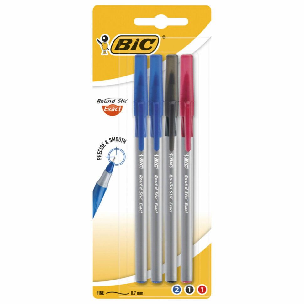 Ручки шариковые с грипом BIC "Round Stic Exact", набор 4 шт./3 цвета (синий, черный, красный), линия письма 0,28 мм, блистер, 932858, 143979