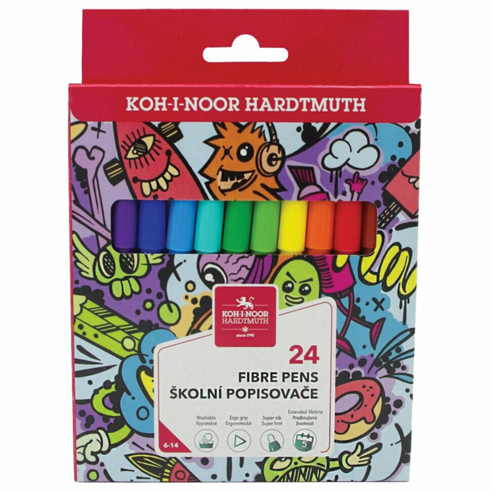 Фломастеры KOH-I-NOOR "TEENAGE" 1002, 24 цвета, смываемые, картонная упаковка, европодвес, 771002BD23KS, 152614
