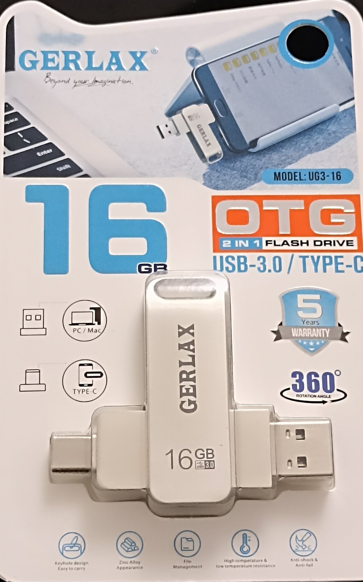 OTG 2в1 Gerlax 16Gb, metall USB 3.0+Type-c, Флешка 2в1, Серебристая.