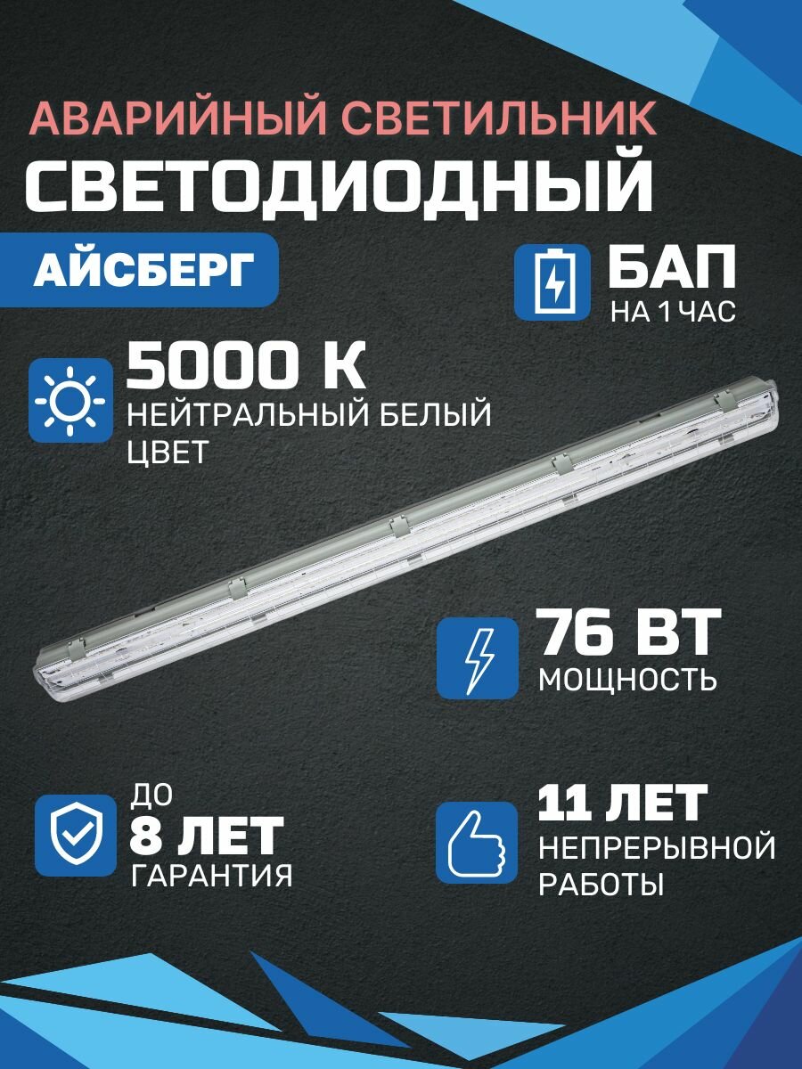 Аварийный светильник светодиодный Айсберг 76Вт, 9500 Lm, 5000К, IP65, Бап на 1 час, настенно-потолочный, накладной