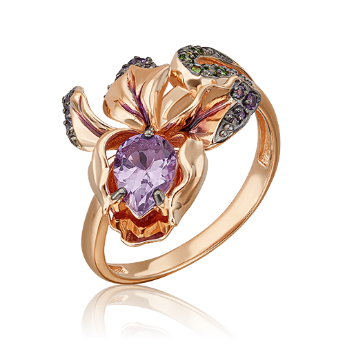 Кольцо, красное золото, 585 проба, аметист, хромдиопсид