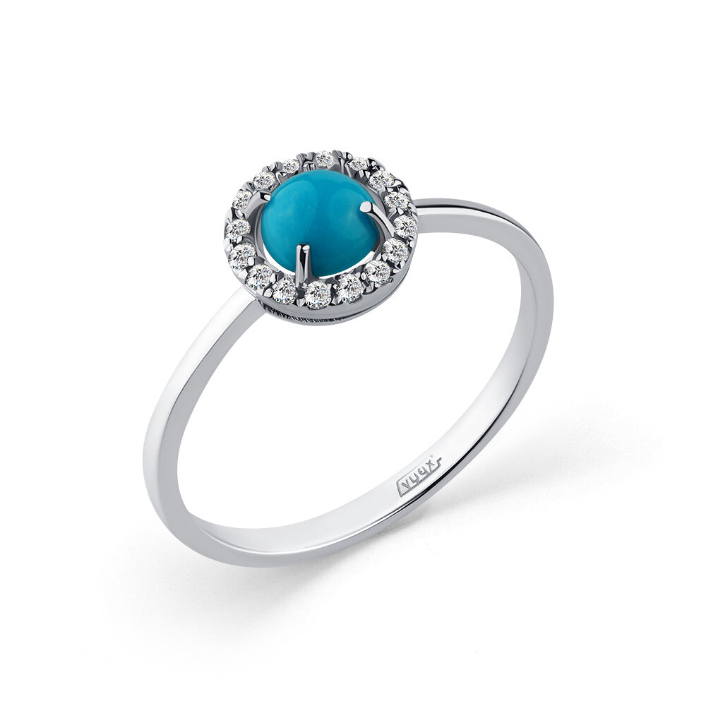 Кольцо, белое золото, 585 проба, бриллиант, бирюза