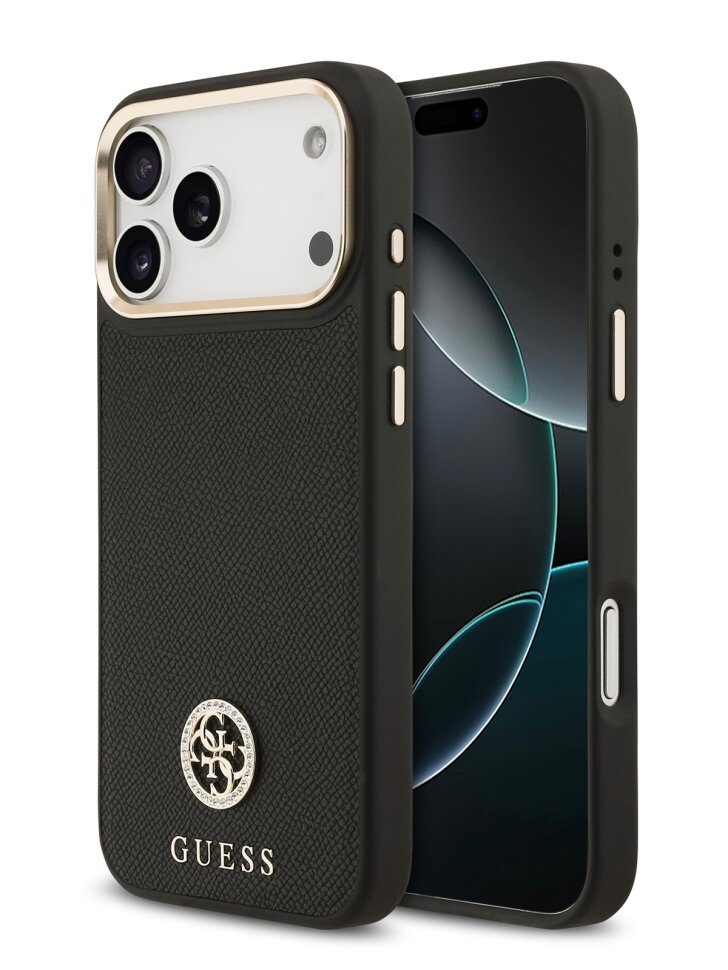Guess чехол с MagSafe для iPhone 17 Pro, зернистая кожа PU 4G Diamond metal logo Gold camera, черный