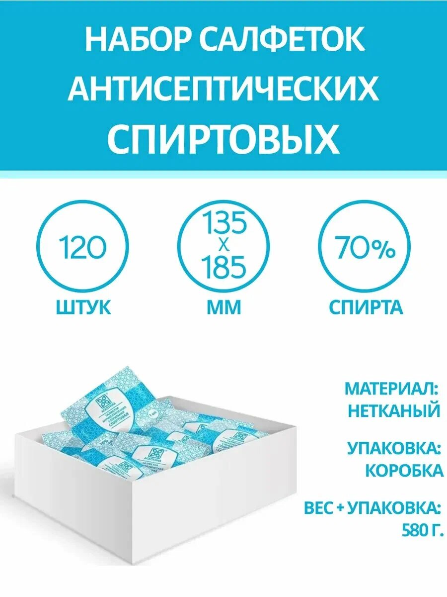Спиртовые салфетки антисептические "135x185 мм" Фасовка-120 шт, асептика, короб, АФ01957-МО05