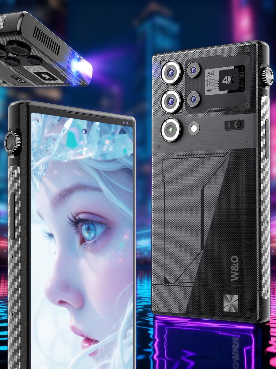 Проекционный телефон W&O Black, экран 6,79 дюйма, 3 камеры, 108 Мп, Android 14