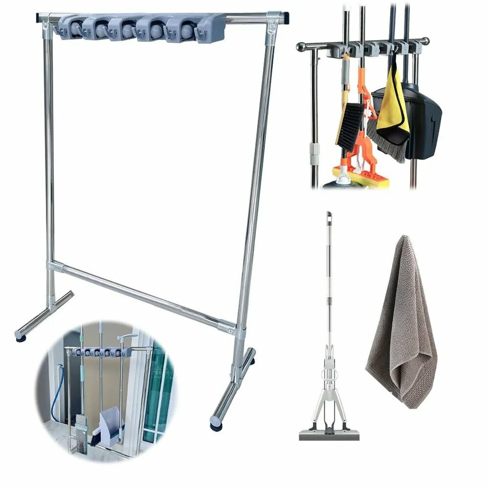 Стойка для хранения уборочного инвентаря, с эластичными держателями