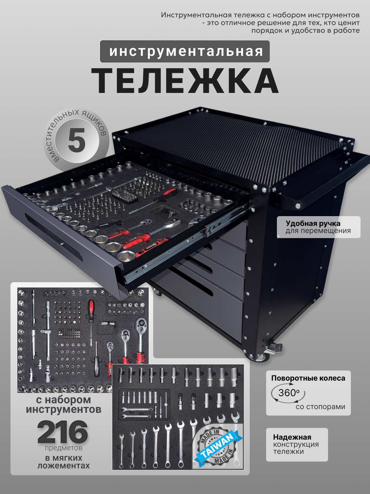 Тележка инструментальная с набором инструментов FORCE KRAFT 216 предметов в Мягких ложементах