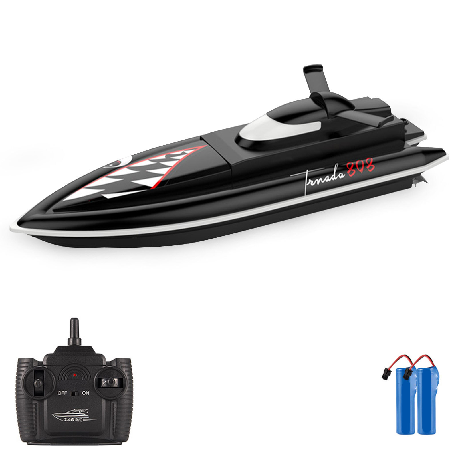 RC Boat 808 25Km/h 2.4GHz черный/красный ABS водонепроницаемая игрушка для детей с дистанционным управлением, размер 32*9.8*10.8cm, мотор щеточный, батарея 3.7V 1200mAh, время работы 25-30мин, вес упаковки 588g, в комплект входят 1 яхта, 1 пульт, 2