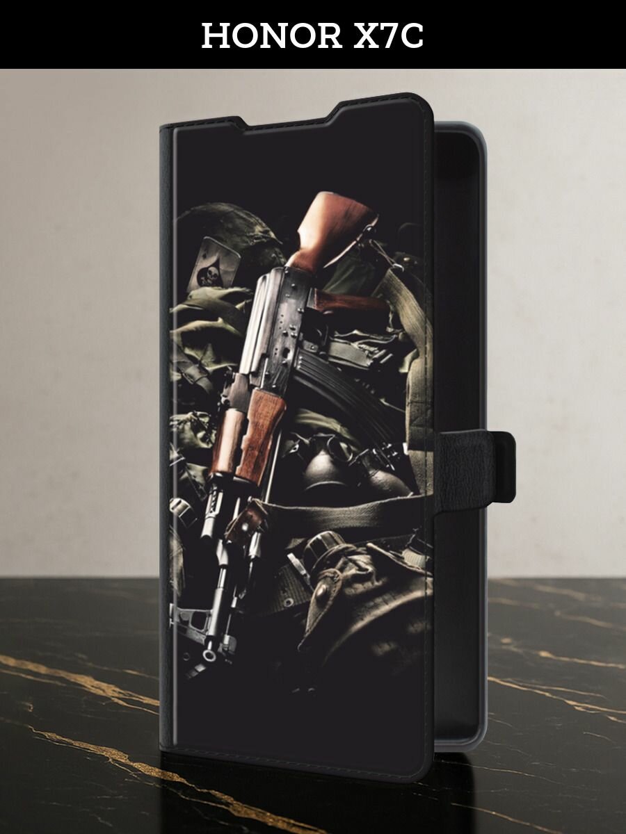 Чехол-книжка на Honor X7C (Хонор X7C) с картой и принтом "Калашников"